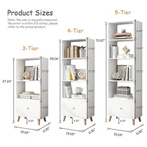 IOTXY 3-Tier Open Shelves Bookcase - 47 Inches Height Modern Floor Standing Cubes Wooden Low Bookshelf with Storage Drawer and Legs, White