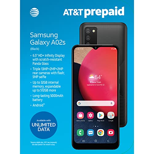 AT&T Samsung Galaxy A02s, 32GB, Black - 4G 6.5" Android Prepaid Smartphone - Carrier Locked to AT&T