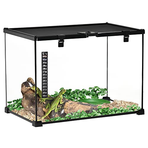 PawHut 14 Gallon Reptile Glass Terrarium Tank, Breeding Box Full View with Visually Appealing Sliding Screen Top for Lizards, Frogs, Snakes, Spiders, 20" x 12" x 14"