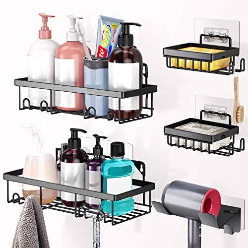 PUKOKAL Shower Caddy 5 Pack Shelf with Hooks Storage Rack Organizer, Stainless Steel Adhesive Caddy Shelves No Drilling with Hairdryer Holder Soap for Bathroom, Restroom, Kitchen (Matte Black)