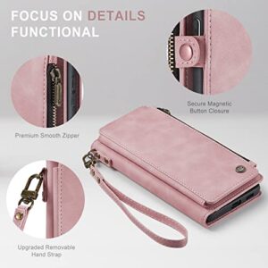 Defencase Samsung Galaxy S22 Plus/ S22+ Case, Samsung S22 Plus Wallet Case for Women Men, PU Leather Magnetic Flip Strap Wristlet Zipper Card Holder Phone Case for Galaxy S22 Plus/ S22+ 5G, Rose Pink