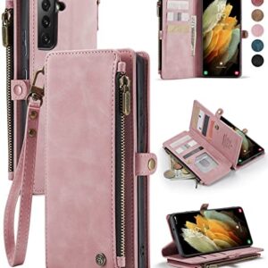 Defencase Samsung Galaxy S22 Plus/ S22+ Case, Samsung S22 Plus Wallet Case for Women Men, PU Leather Magnetic Flip Strap Wristlet Zipper Card Holder Phone Case for Galaxy S22 Plus/ S22+ 5G, Rose Pink