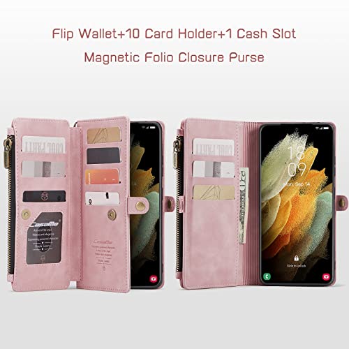 Defencase Samsung Galaxy S22 Plus/ S22+ Case, Samsung S22 Plus Wallet Case for Women Men, PU Leather Magnetic Flip Strap Wristlet Zipper Card Holder Phone Case for Galaxy S22 Plus/ S22+ 5G, Rose Pink