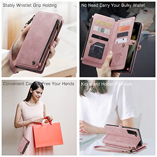 Defencase Samsung Galaxy S22 Plus/ S22+ Case, Samsung S22 Plus Wallet Case for Women Men, PU Leather Magnetic Flip Strap Wristlet Zipper Card Holder Phone Case for Galaxy S22 Plus/ S22+ 5G, Rose Pink