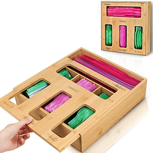 Dadymart Bamboo Snack Bag Storage Organizer,12 * 12.72 Inch Hanging Storage Boxes for Kitchen Drawers, Suitable for Gallon Quart Sandwich All Bag Sizes