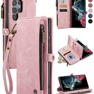 Defencase Samsung S22 Ultra Wallet Case for Women Men, Durable PU Leather Magnetic Flip Strap Wristlet Zipper Card Holder Phone Case for Galaxy S22 Ultra, Rose Pink