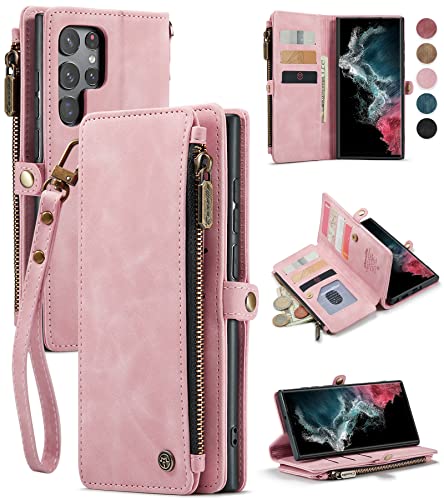 Defencase Samsung S22 Ultra Wallet Case for Women Men, Durable PU Leather Magnetic Flip Strap Wristlet Zipper Card Holder Phone Case for Galaxy S22 Ultra, Rose Pink