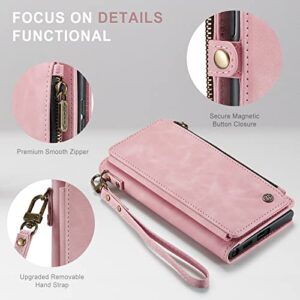 Defencase Samsung S22 Ultra Wallet Case for Women Men, Durable PU Leather Magnetic Flip Strap Wristlet Zipper Card Holder Phone Case for Galaxy S22 Ultra, Rose Pink