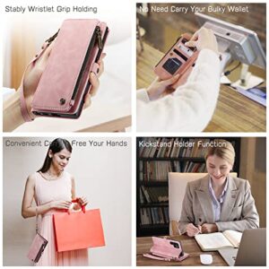 Defencase Samsung S22 Ultra Wallet Case for Women Men, Durable PU Leather Magnetic Flip Strap Wristlet Zipper Card Holder Phone Case for Galaxy S22 Ultra, Rose Pink