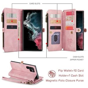 Defencase Samsung S22 Ultra Wallet Case for Women Men, Durable PU Leather Magnetic Flip Strap Wristlet Zipper Card Holder Phone Case for Galaxy S22 Ultra, Rose Pink