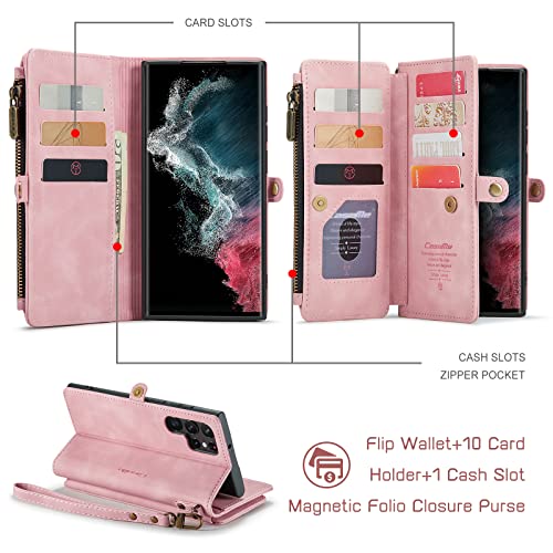 Defencase Samsung S22 Ultra Wallet Case for Women Men, Durable PU Leather Magnetic Flip Strap Wristlet Zipper Card Holder Phone Case for Galaxy S22 Ultra, Rose Pink