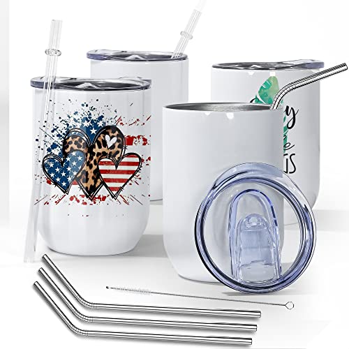 AGH 12 oz Sublimation Wine Tumblers Blanks, 4PCS Straight Stainless Steel Insulated Mug for Full Wrap Heat Transfer, Spill-proof Sliding Lid Stainless Steel Straw for Coffee Cocktails Drinks