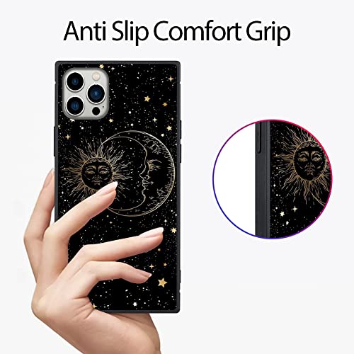 ZIYE Compatible with iPhone 13 Pro Max Case Square Antique Pattern Sun Moon and Stars Shockproof Anti-Scratch Slim Cover Durable PC Layer TPU Bumper Protective Phone Case-6.7 in