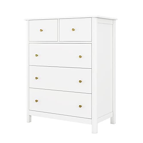 HOUSUIT White Dresser with 5 Drawers, Tall Dresser Chest of Drawers, 5 Drawer Dresser with Deep Space, Wood Dresser Storage Cabinet for Living Room, Hallway, Office, Ivory White