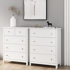 HOUSUIT White Dresser with 5 Drawers, Tall Dresser Chest of Drawers, 5 Drawer Dresser with Deep Space, Wood Dresser Storage Cabinet for Living Room, Hallway, Office, Ivory White