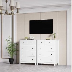 HOUSUIT White Dresser with 5 Drawers, Tall Dresser Chest of Drawers, 5 Drawer Dresser with Deep Space, Wood Dresser Storage Cabinet for Living Room, Hallway, Office, Ivory White