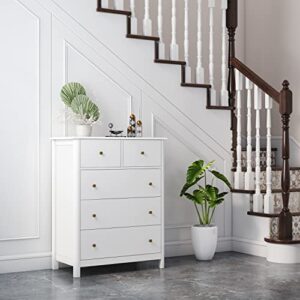 HOUSUIT White Dresser with 5 Drawers, Tall Dresser Chest of Drawers, 5 Drawer Dresser with Deep Space, Wood Dresser Storage Cabinet for Living Room, Hallway, Office, Ivory White