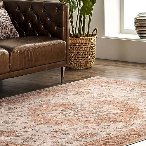 nuLOOM Dawson Machine Washable Distressed Medallion Ultra Thin Area Rug, 8' x 10', Peach