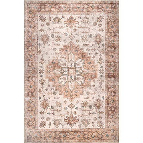 nuLOOM Dawson Machine Washable Distressed Medallion Ultra Thin Area Rug, 8' x 10', Peach