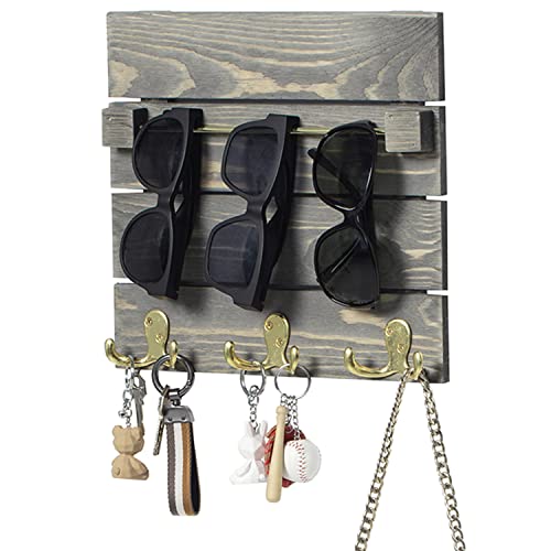 MyGift Wall Mounted Accessory Organizer, Weathered Gray Solid Wood Sunglasses Holder with Brass Metal Hanger Bar and 3 Dual Key Hooks