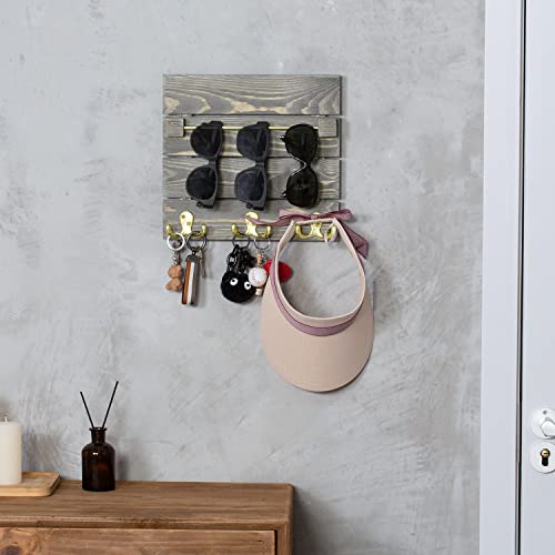 MyGift Wall Mounted Accessory Organizer, Weathered Gray Solid Wood Sunglasses Holder with Brass Metal Hanger Bar and 3 Dual Key Hooks