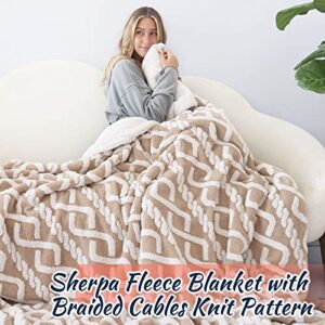 Sherpa Fleece Blanket with Braided Knit Pattern, King Size Reversible Fuzzy Super Soft Fluffy Big Large Bed Blankets for Winter, Heavy Thick Thermal Blankets for Couch, Sofa, Khaki