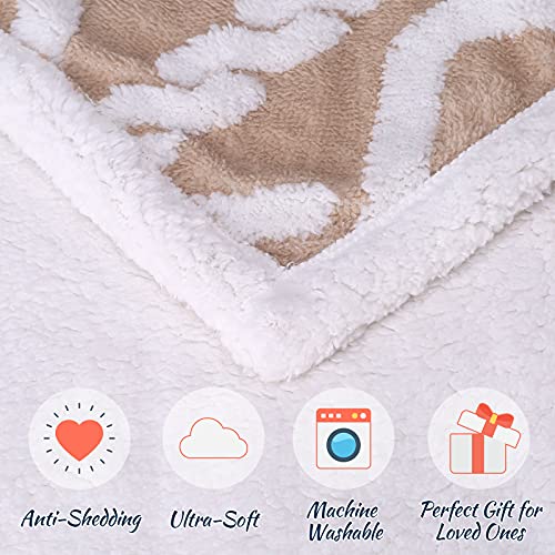 Sherpa Fleece Blanket with Braided Knit Pattern, King Size Reversible Fuzzy Super Soft Fluffy Big Large Bed Blankets for Winter, Heavy Thick Thermal Blankets for Couch, Sofa, Khaki