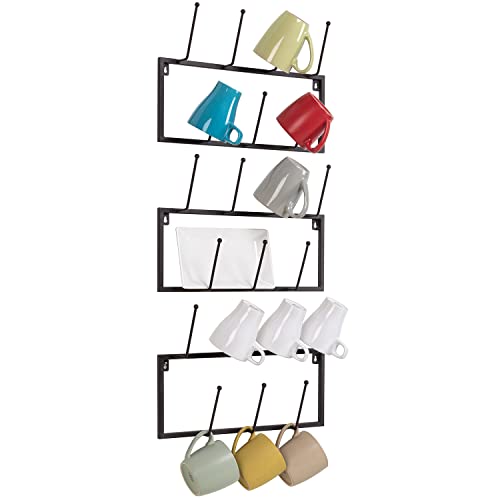 MyGift Wall Mounted Brown Metal Coffee Mug Holder, Hanging Coffee Bar Accessory Rack with 7 Hooks, Set of 3 - Holds 21 Mugs