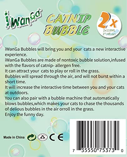 iwanga Catnip Bubbles Catnip Toys for Cats 4oz*2- Unbelievable Catnip Flavor Bubble for Cats -Non-Toxic Formula,Let The cat Chase Avoids Boredom & Keeps Pets Active.