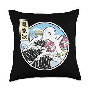 Japanese Vaporwave Aesthetic Art By Tokyo-Waves Surfing Ghost Strawberry Milk Kanagawa Wave Kawaii Anime Throw Pillow, 18x18, Multicolor