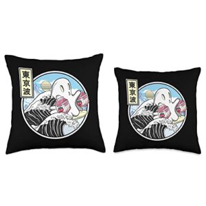 Japanese Vaporwave Aesthetic Art By Tokyo-Waves Surfing Ghost Strawberry Milk Kanagawa Wave Kawaii Anime Throw Pillow, 18x18, Multicolor