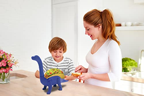 Vezna Home Goods Dinosaur Taco Holder Kids Taco Stand, Holds 2 Shells for Fun Taco Tuesday Party, Blue Jurassic Brontosaurus Dino Plate