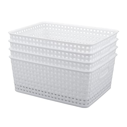 Nesmilers Small Plastic Storage Baskets, White Plastic Woven Baskets, 4-pack