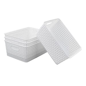 Nesmilers Small Plastic Storage Baskets, White Plastic Woven Baskets, 4-pack