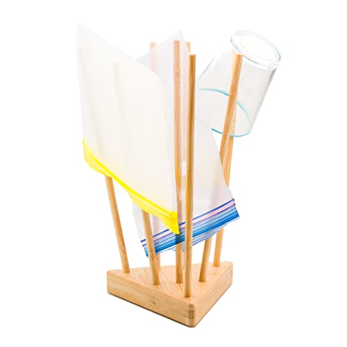 Wownd Up Goods Bamboo Drying Rack, Plastic Bag Drying Rack, Reusable Bag Drying Rack, Bottle Drying Rack, Compact Shape, Space Saving, Portable, Multipurpose