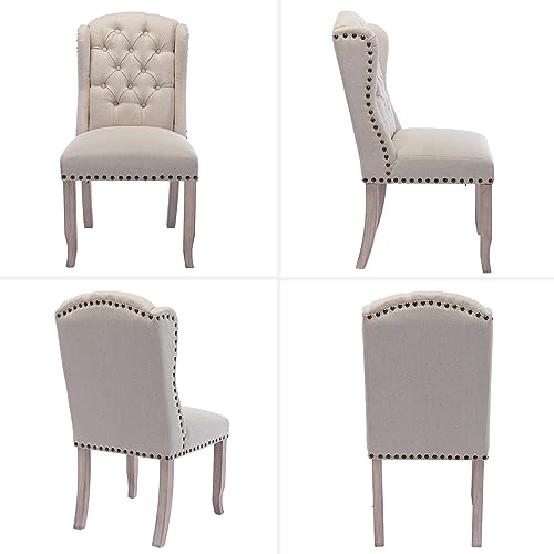 DUOMAY Modern Tufted Dining Chairs Set of 2, Linen Upholstered Dining Room Chairs Armless Guest Side Chair for Kitchen Dining Room, Wingback Accent Chairs with Solid Wood, Beige