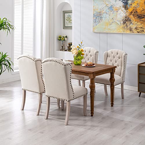 DUOMAY Modern Tufted Dining Chairs Set of 2, Linen Upholstered Dining Room Chairs Armless Guest Side Chair for Kitchen Dining Room, Wingback Accent Chairs with Solid Wood, Beige