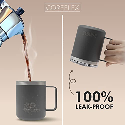 Coreflex 12 oz Insulated Coffee Mug with Handle & Lid, Stainless Steel Double Walled Vacuum Insulated Tumbler Cup, Travel Coffee Cup Thermal Cup - Home, Office, Travel, Outdoor, Camping