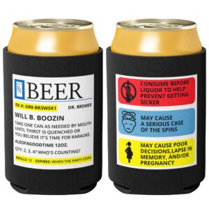 durable, funny fake beer prescription can cooler 2pk. long-lasting, hilarious design neoprene collapsible drink huggers. great gag gifts or practical joke prank can sleeve. waterproof beer sleeves