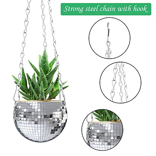 Sliver Disco Mirror Ball Planter with Chain- 4Inch Plant Hanger, Hanging Flower Succulents Pots,Home Boho Hanging Planter for Indoor Outdoor Plants,2 Pcs