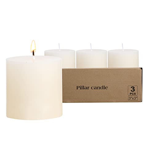 3" x 3" Pillar Candles Set of 3 Ivory Unscented Handpoured Weddings, Home Decoration, Restaurants, Spa, Church Smokeless Cotton Wick - Ivory 90 Hour