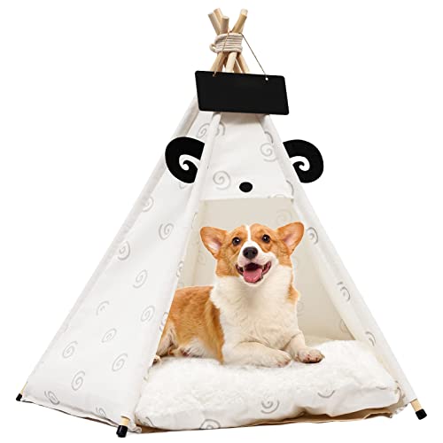 Pet Teepee Tent for Small Dogs & Cats, 24 Inch Portable Indoor Dog House with Thick Cushion, Cat Teepee Washable Tent Dog Teepee Bed Indoor (Goat)