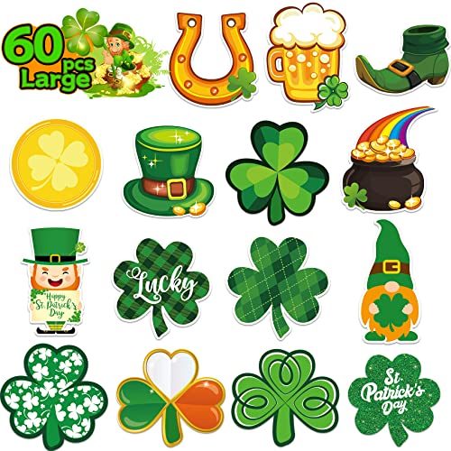 Joy Bang St Patricks Day Cutouts 60 PCS Paper Shamrock Cutouts for Crafts St. Patrick's Day Shamrock Leprechaun Cutouts for Classroom Bulletin Board Decorations