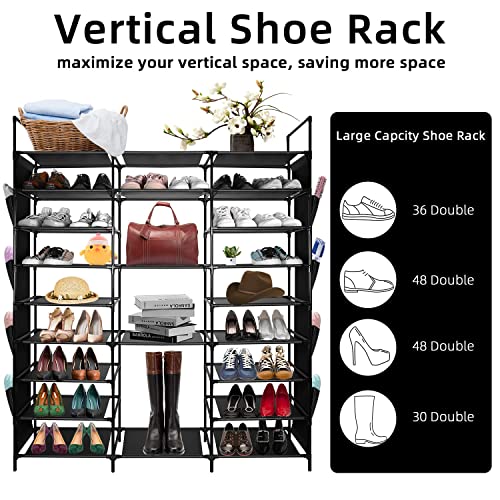 NIUBER 9 Tier Large Shoe Rack Stackable, Space Saving Shoe Storage Organizer 36-48 Pairs Vertical Non-Woven Tall Shoe Shelf Sturdy High Boots Rack with Side Pockets for Closet, Entryway and Garage