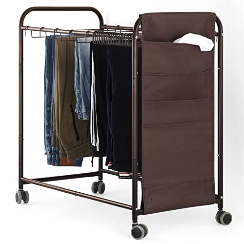 Pants Hangers Rolling Trolley Trousers Rack with 20 Storage Hangers Movable Rolling Pants Closet Organizer Shelf with Side Bag for Jeans, Scarf, Trouser, Dark Brown