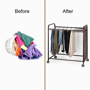 Pants Hangers Rolling Trolley Trousers Rack with 20 Storage Hangers Movable Rolling Pants Closet Organizer Shelf with Side Bag for Jeans, Scarf, Trouser, Dark Brown