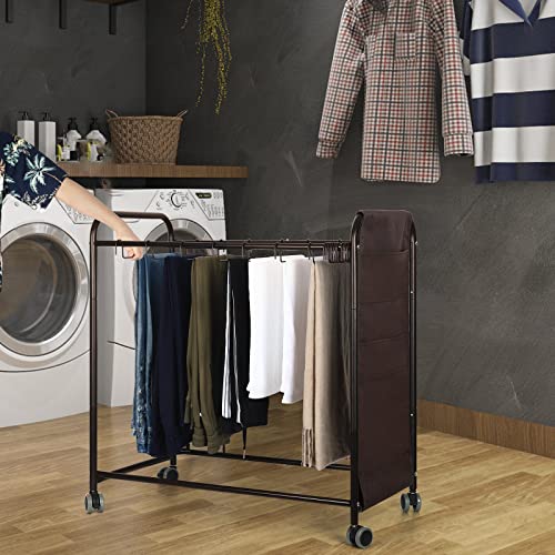 Pants Hangers Rolling Trolley Trousers Rack with 20 Storage Hangers Movable Rolling Pants Closet Organizer Shelf with Side Bag for Jeans, Scarf, Trouser, Dark Brown