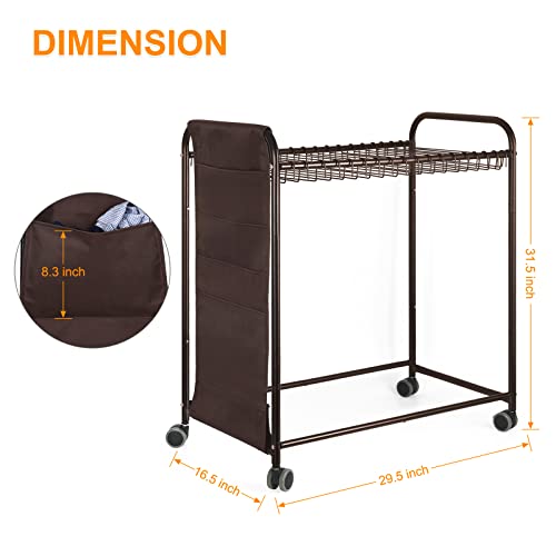 Pants Hangers Rolling Trolley Trousers Rack with 20 Storage Hangers Movable Rolling Pants Closet Organizer Shelf with Side Bag for Jeans, Scarf, Trouser, Dark Brown