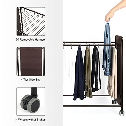 Pants Hangers Rolling Trolley Trousers Rack with 20 Storage Hangers Movable Rolling Pants Closet Organizer Shelf with Side Bag for Jeans, Scarf, Trouser, Dark Brown