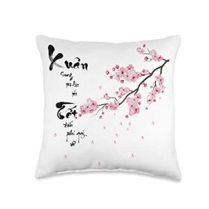 flowers happy lunar new year lucky men women gift peach blossom vietnamese lunar new year cat 2023 tet women throw pillow, 16x16, multicolor